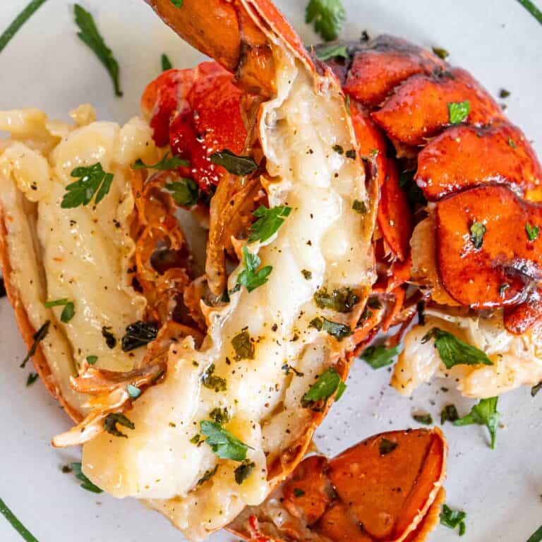 Butter Poached Lobster Tails in a Garlic Lemon Cream Sauce