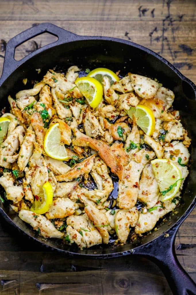 Spicy Lemon and Garlic Pan Fried Chicken Strips Skillet
