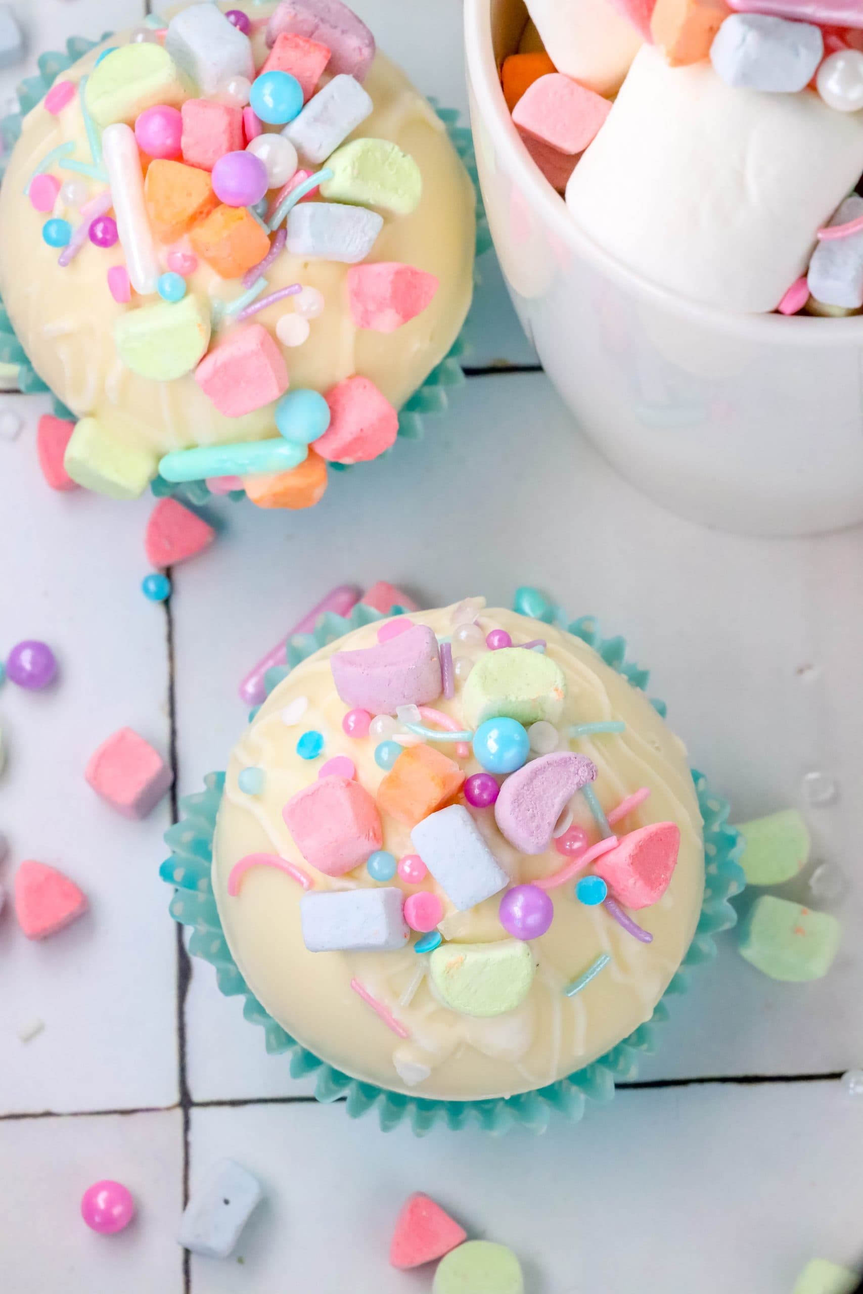 White Chocolate Lucky Charms Hot Chocolate Bombs - Sweet Cs Designs