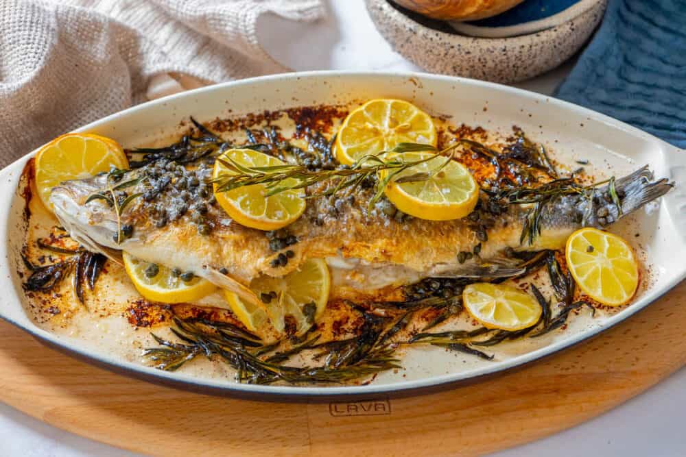 Lemon Caper Butter Roasted Branzino - Sweet Cs Designs