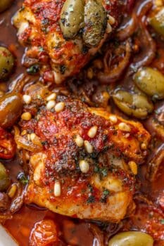Spicy Harissa Chicken Thighs with Smashed Olives - Sweet Cs Designs
