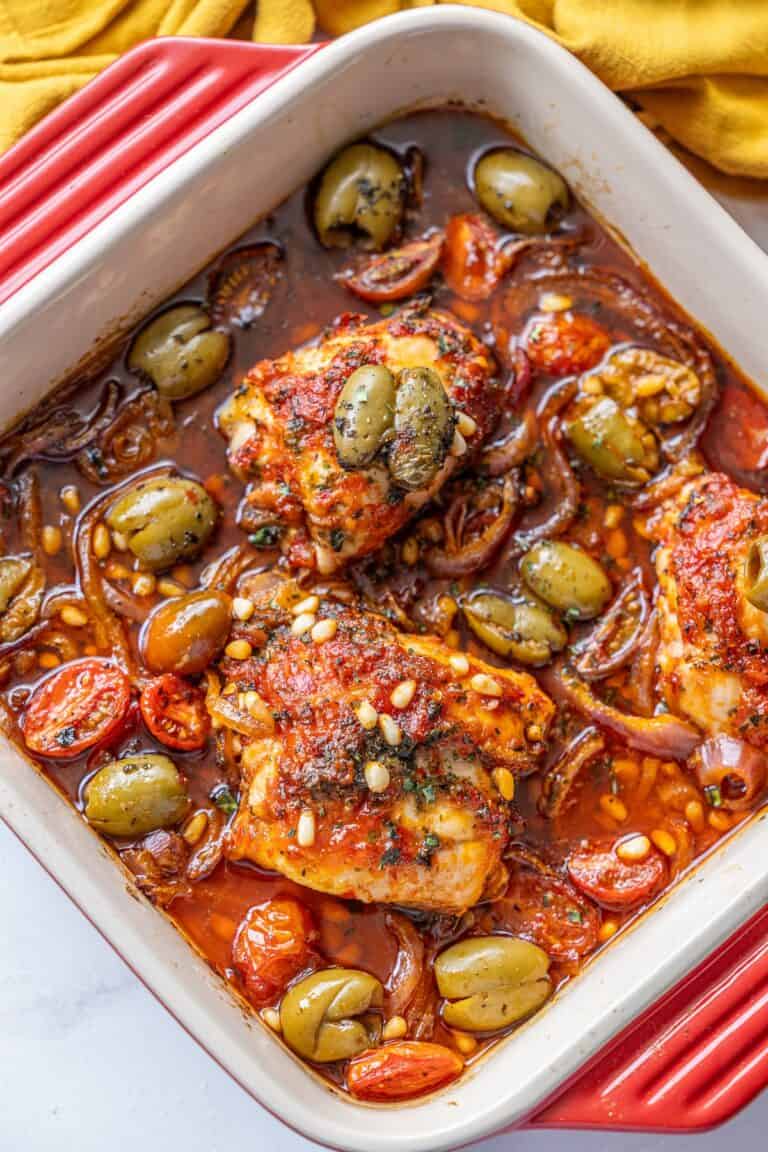 Spicy Harissa Chicken Thighs with Smashed Olives - Sweet Cs Designs
