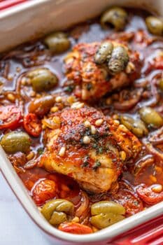 Spicy Harissa Chicken Thighs with Smashed Olives - Sweet Cs Designs