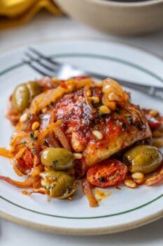 Spicy Harissa Chicken Thighs with Smashed Olives - Sweet Cs Designs