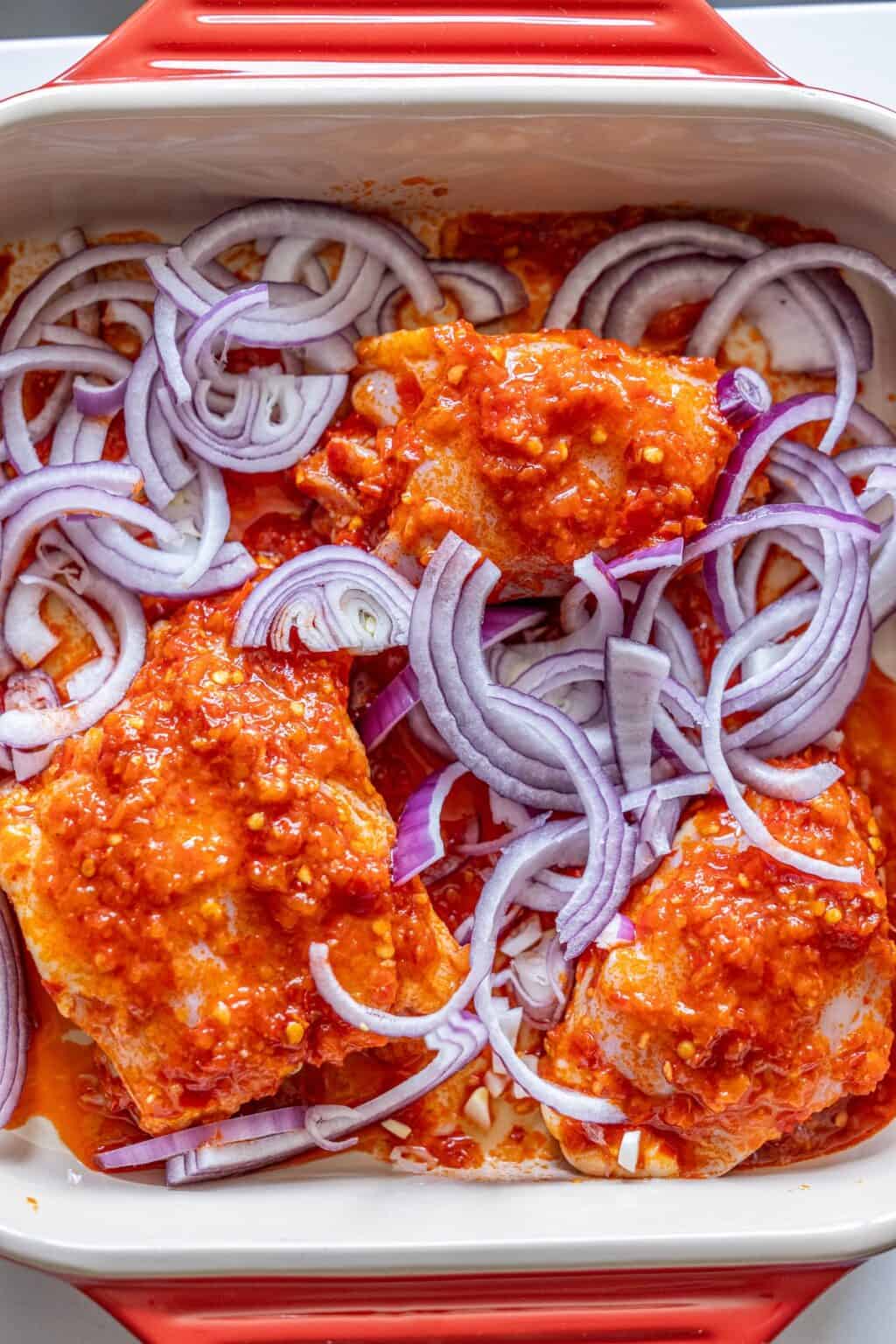 Spicy Harissa Chicken Thighs with Smashed Olives - Sweet Cs Designs